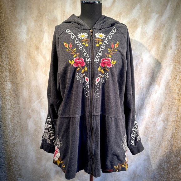 Johnny Was | Tops | Johnny Was Los Angeles Grey Embroidered Zip Hoodie ...